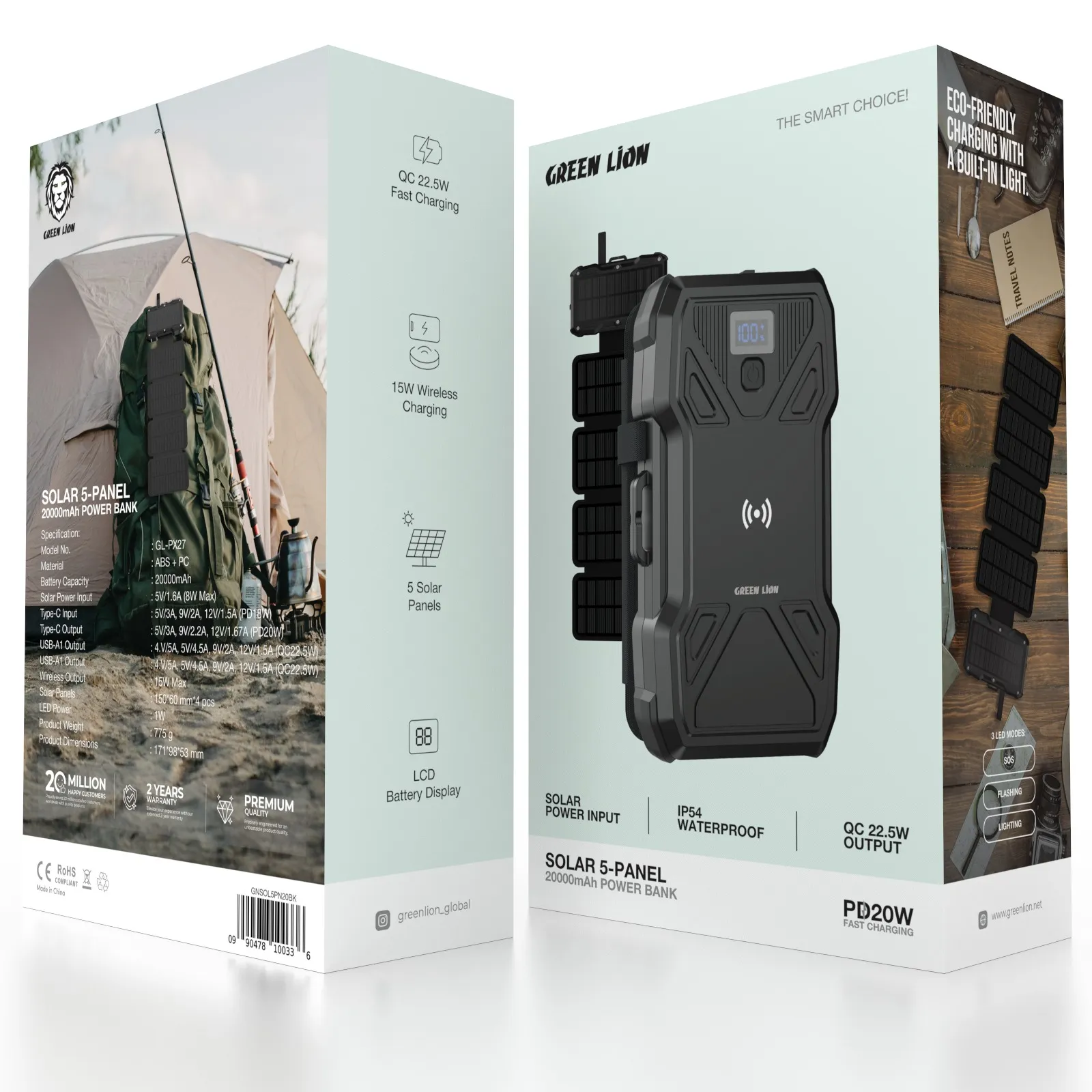 پاوربانک خورشیدی گرین لاین مدل Solar 5 Panel ظرفیت 20000 میلی آمپر